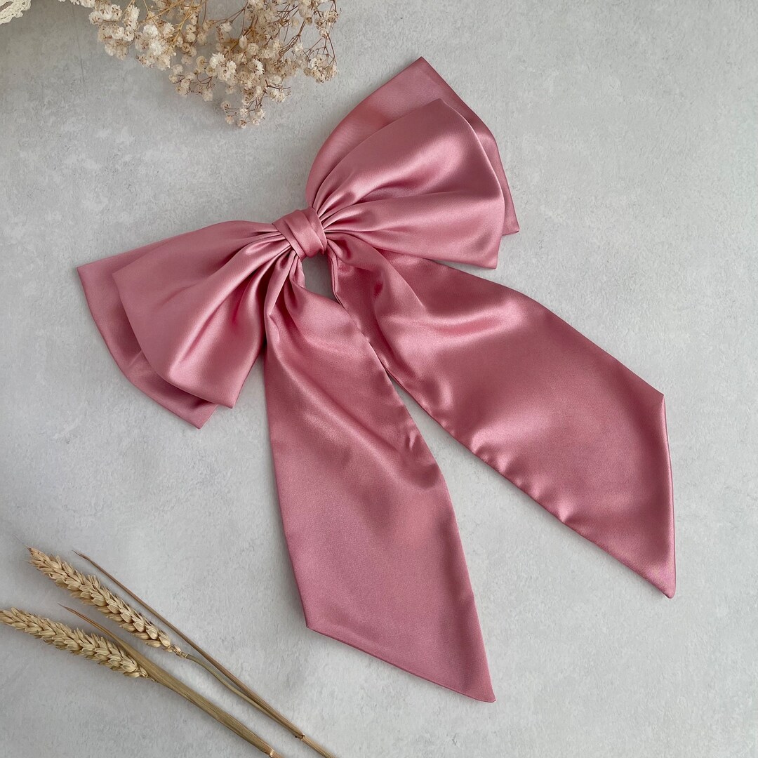 Old Rose Pink Satin Large Double Hair Bow Women Giant Bow With Tail ...