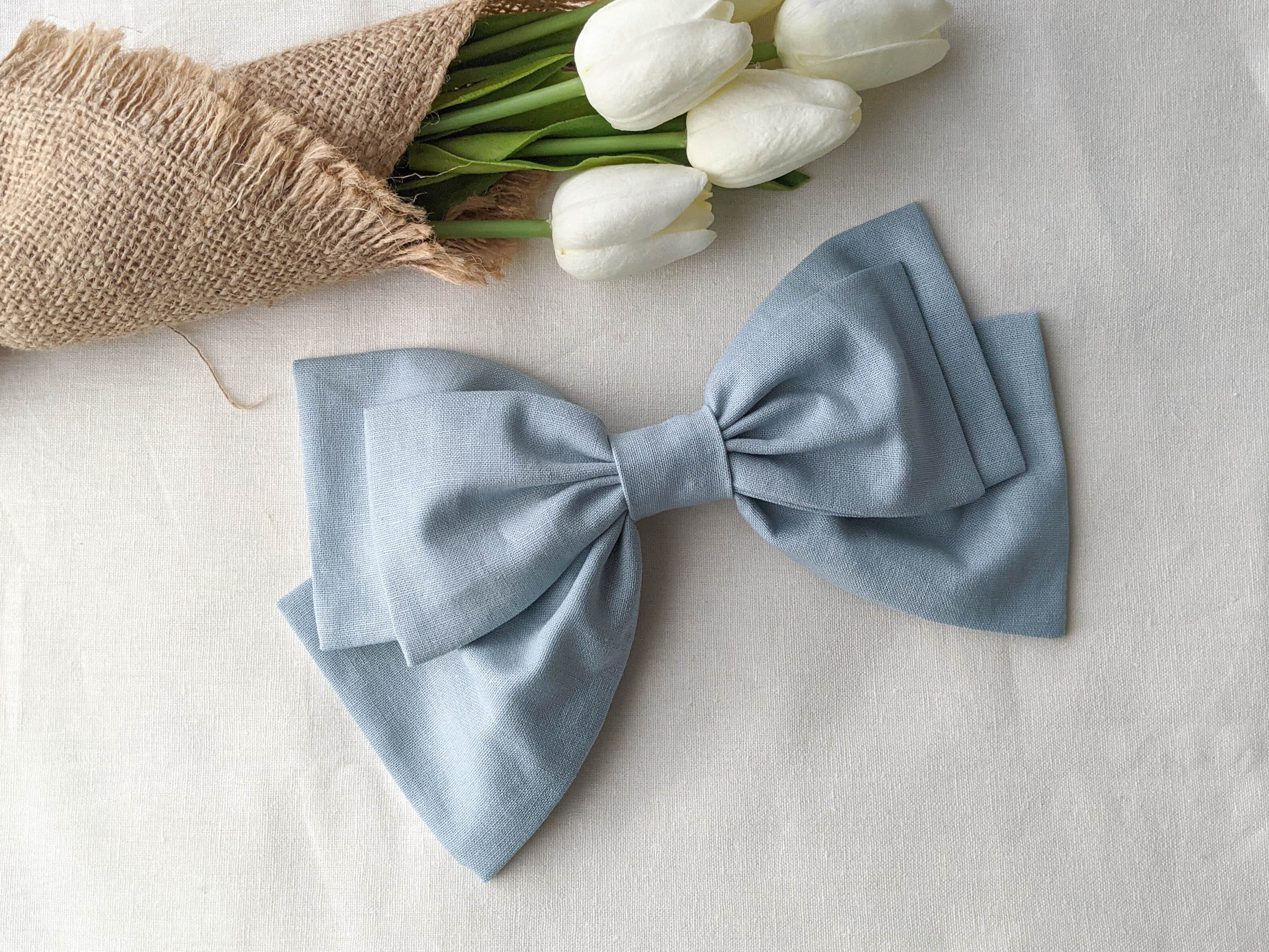 Dusty Blue Linen Hair Bow, Organic Stacked Bow With Barrette - Etsy UK