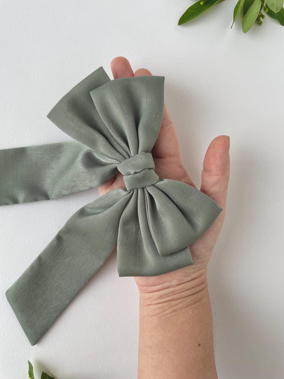 Clover Green Satin Hair Bow Slim With Tail Skinny Double Bow Woman Fern ...