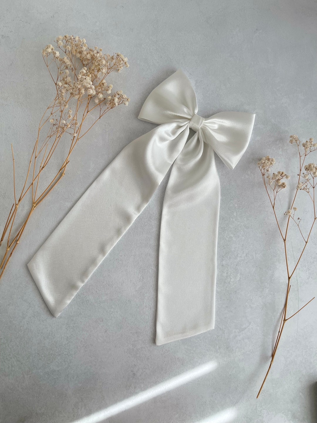 White Bow Satin With Long Tail Big White Single Bow With Barrette ...