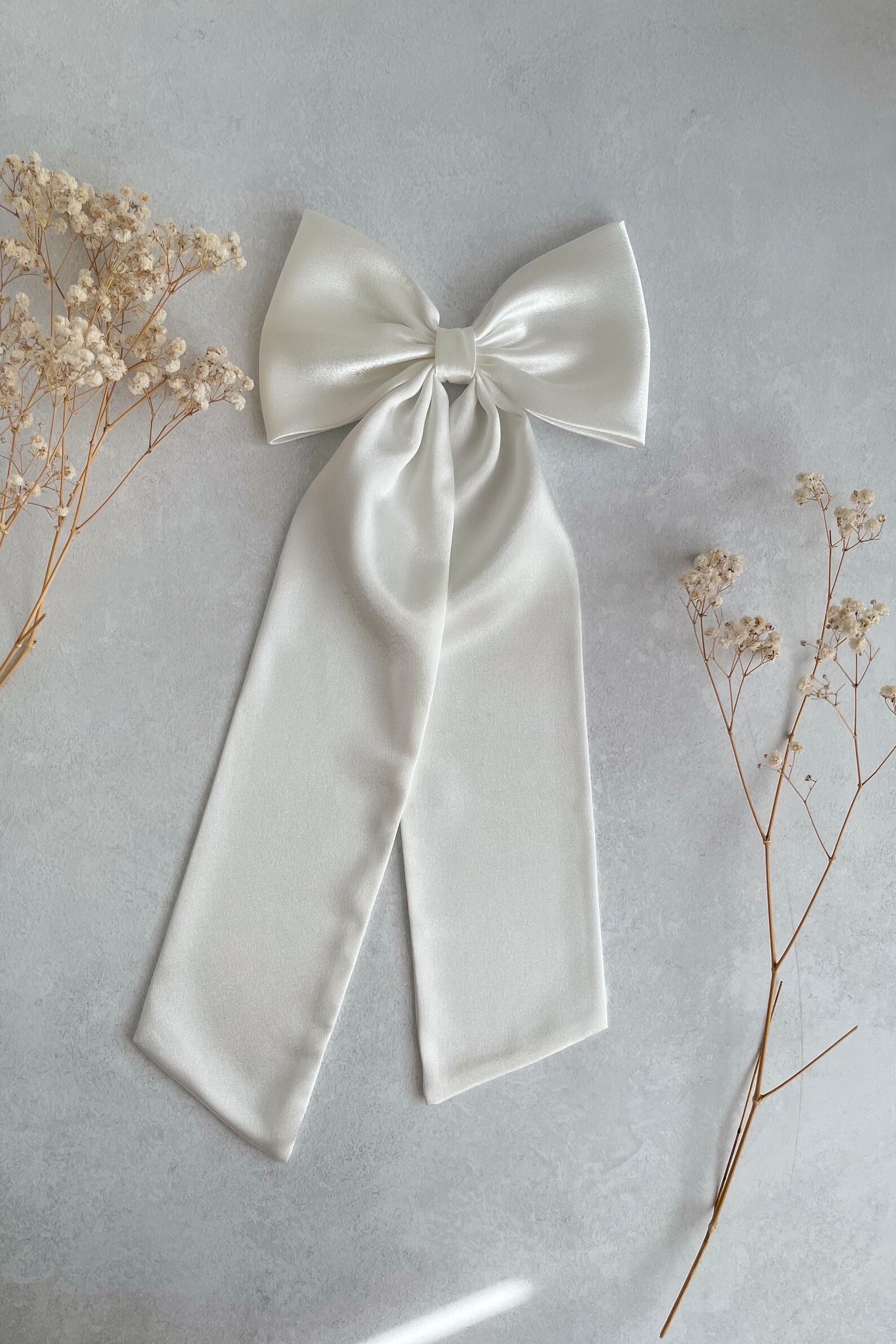 White Bow Satin With Long Tail Big White Single Bow With Barrette ...