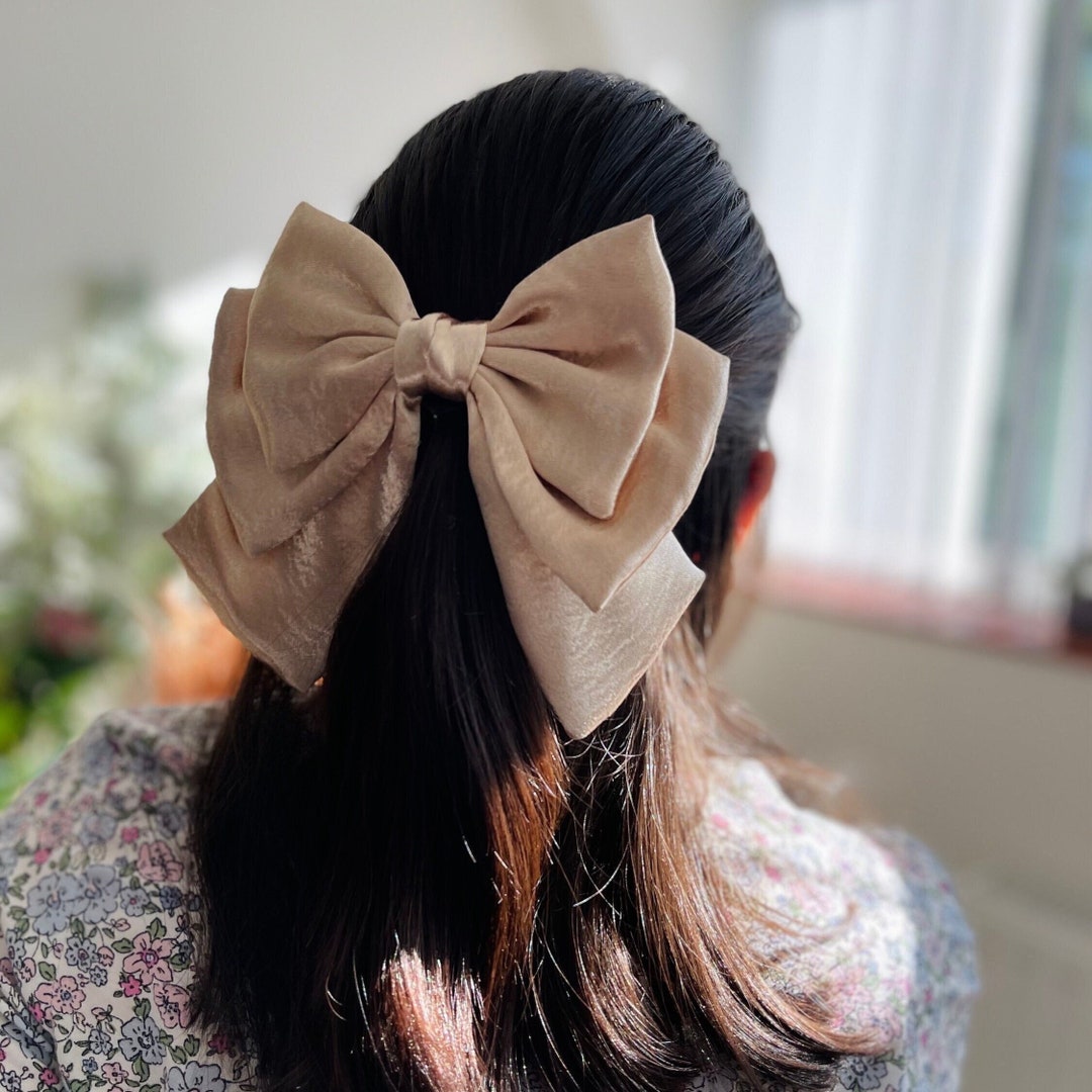 Pale Gold Satin Layered Hair Bow Christmas Gift for Her Medium Sized ...