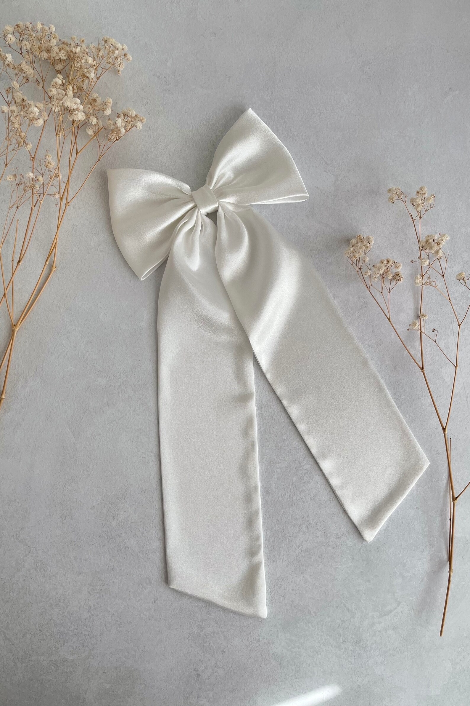 White Bow Satin With Long Tail Big White Single Bow With Barrette ...