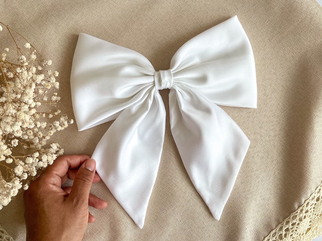 White Duchess Satin Large Hair Bow, Bridal Bow, Oversized Bow With Tail ...