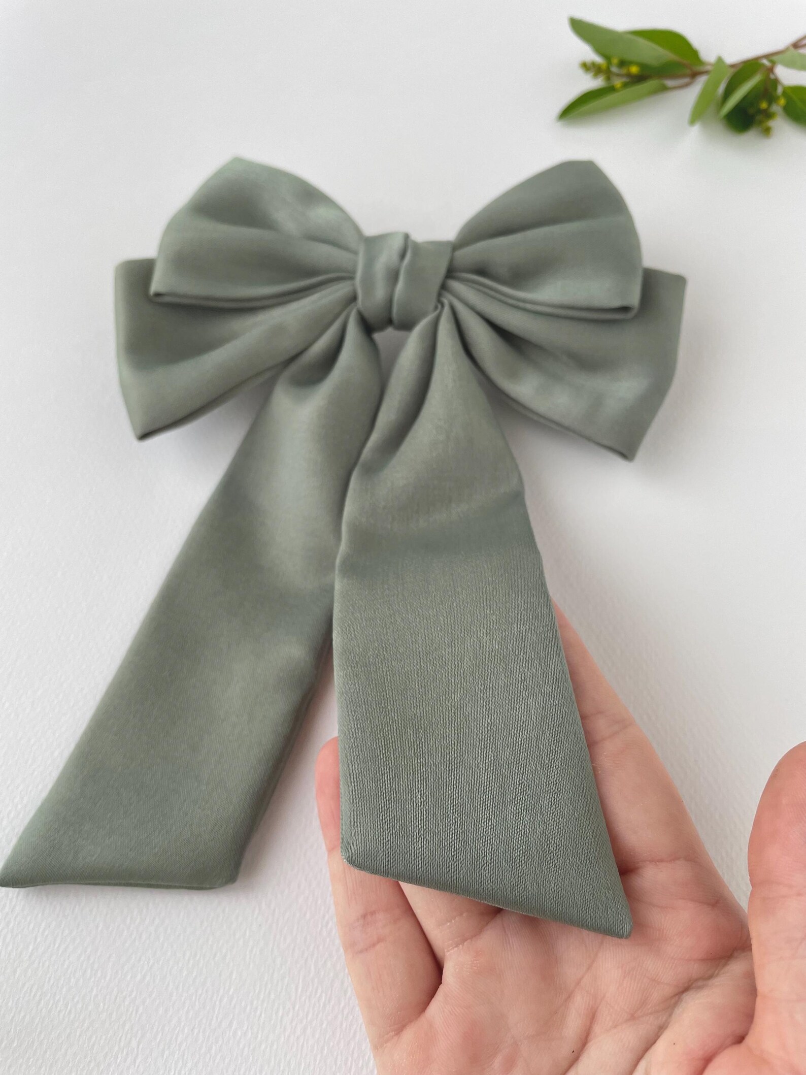 Clover Green Satin Hair Bow Slim With Tail Skinny Double Bow Woman Fern ...
