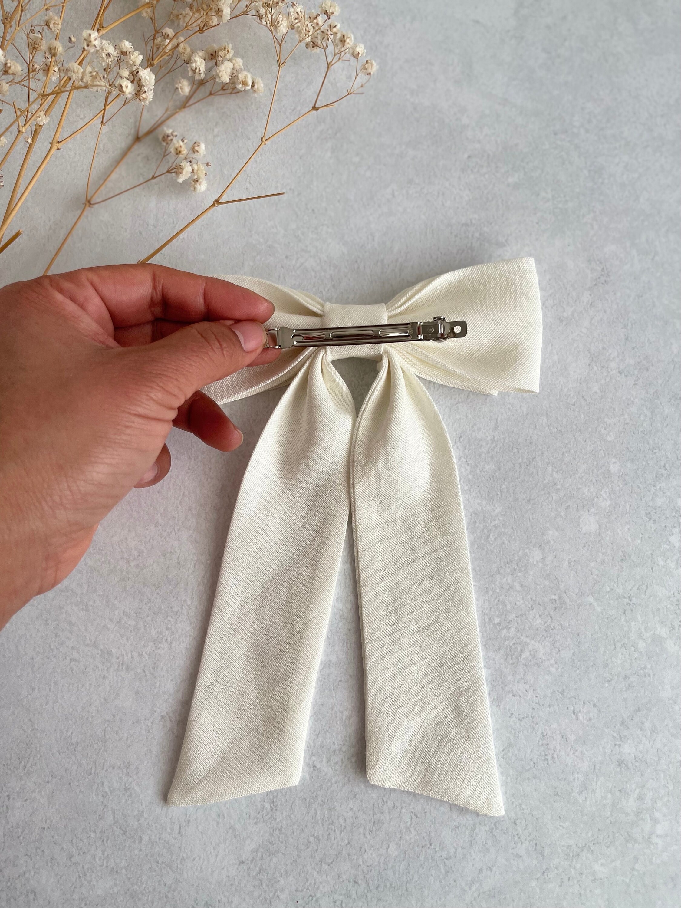 Ivory White Linen Hair Bow Slim Double Bow Bridal Hair Accessory for ...
