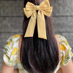 Pale Yellow Satin Hair Bow Slim With Tail Skinny Double Bow Woman Light ...