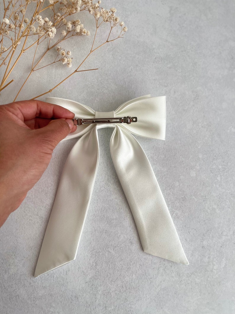 White Satin Hair Bow Bridal Bow Satin Double Ivory Bow With Tail Skinny ...