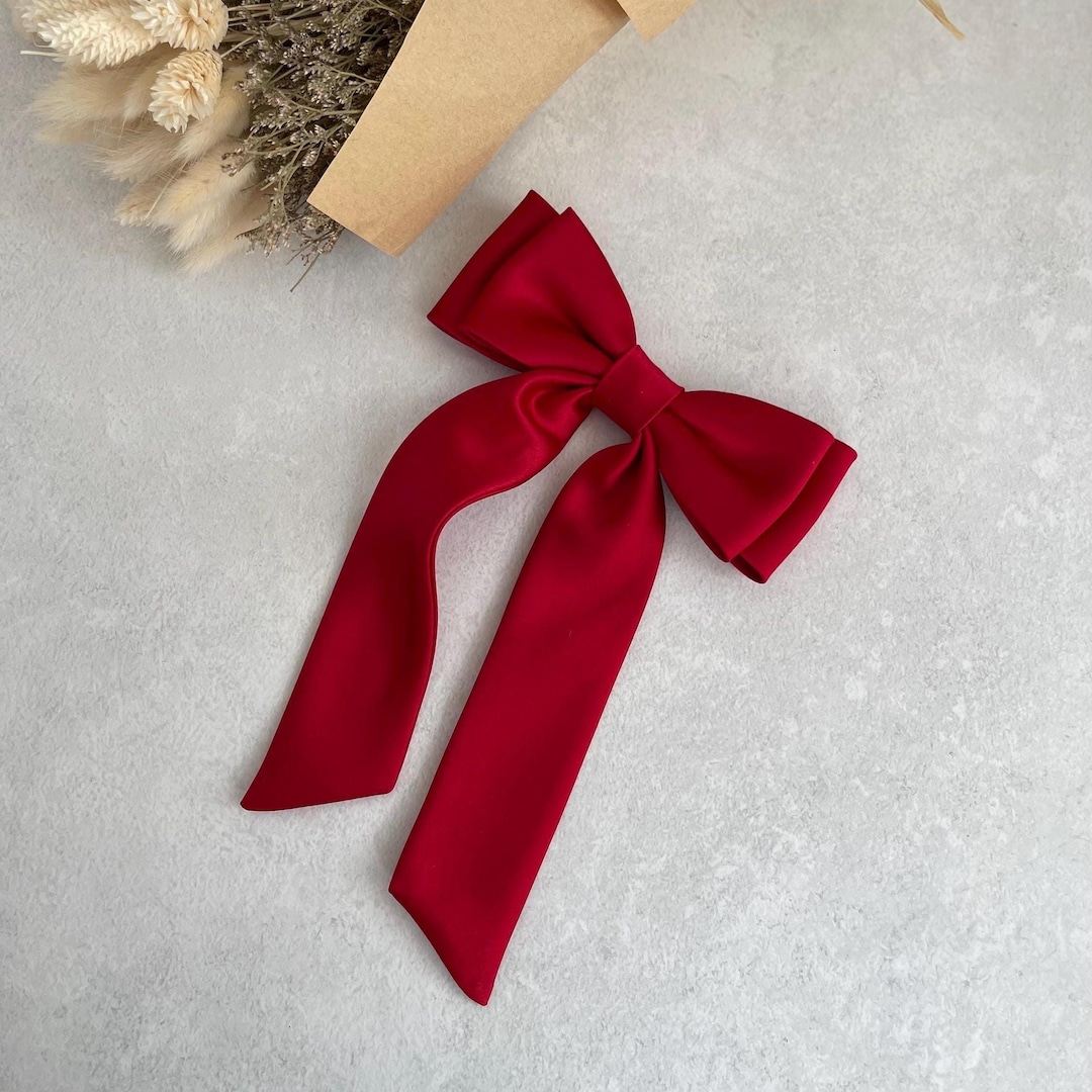 Red Satin Christmas Hair Bow Slim Bow Hair Accessory for Girl Handmade ...
