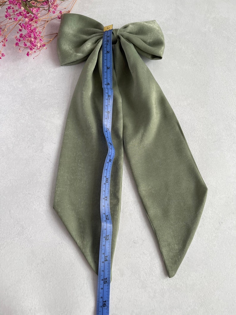 Dusty Sage Satin Hair Bow With Long Tail Sage Green Big Bow Christmas ...