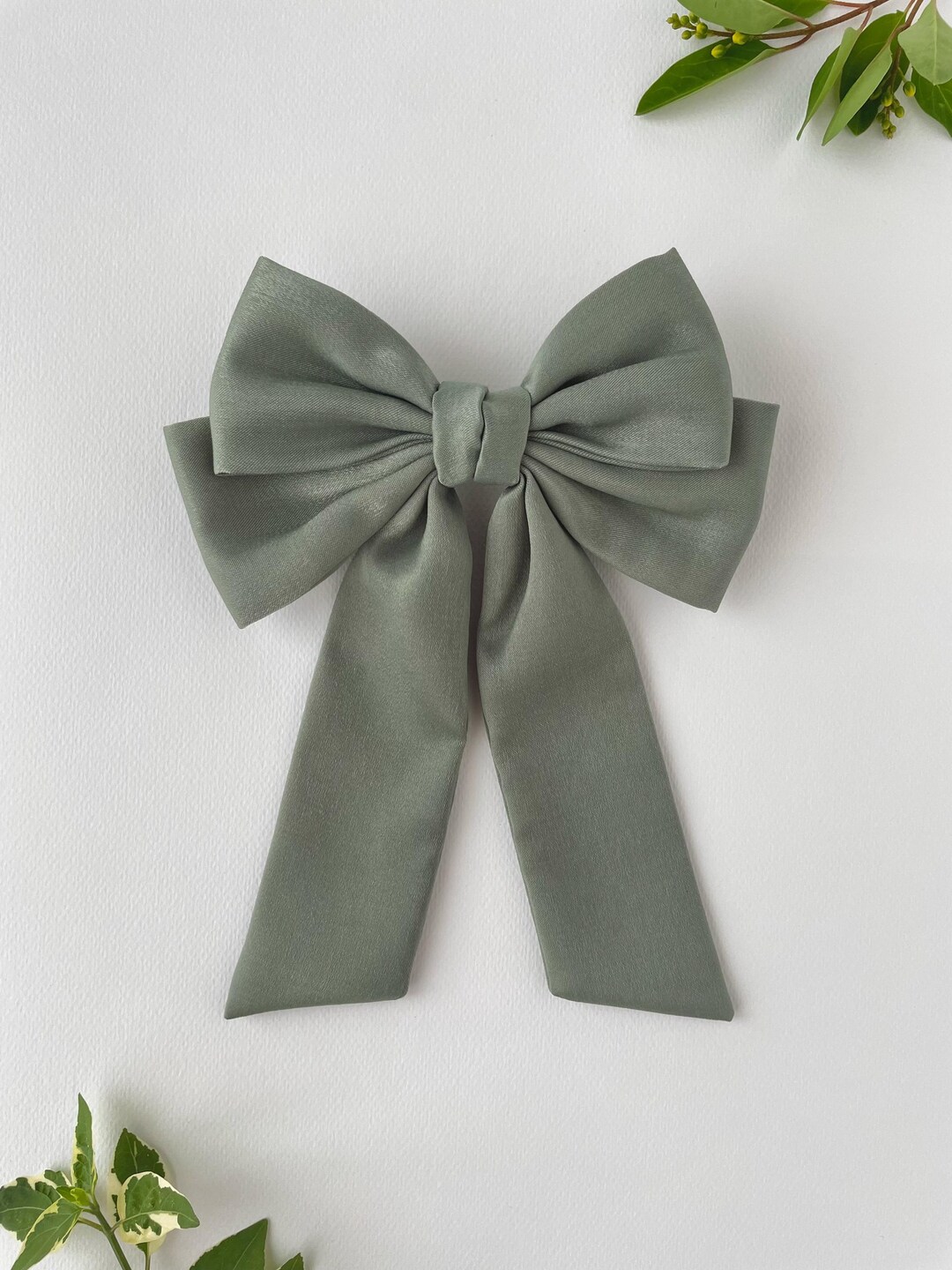 Clover Green Satin Hair Bow Slim With Tail Skinny Double Bow Woman Fern ...
