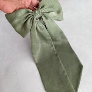 Dusty Sage Satin Hair Bow With Long Tail Sage Green Big Bow Christmas ...