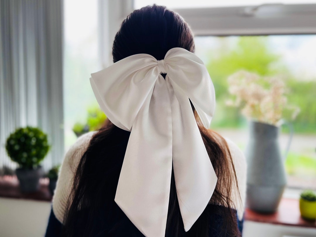 White Satin Large Double Hair Bow, White Satin Hair Bow, Giant Bow With ...