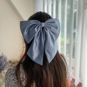 Dusty Blue Duchess Satin Large Hair Bow, Oversized Bow With Tail, Big ...