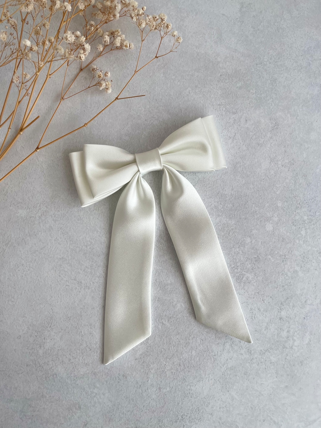 Ivory Satin Hair Bow Bridal Bow Duchess Satin Double Bow With Tail ...