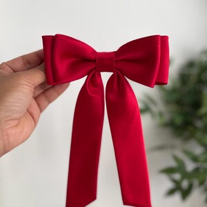 Red Satin Christmas Hair Bow Slim Bow Hair Accessory for Girl Handmade ...