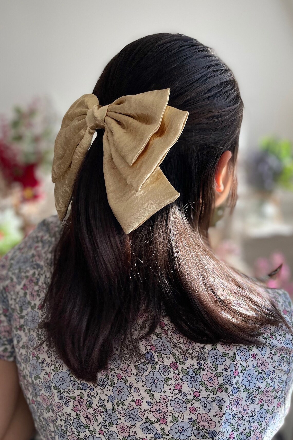 Gold Satin Layered Hair Bow Christmas Gift for Her Medium Sized Gold ...