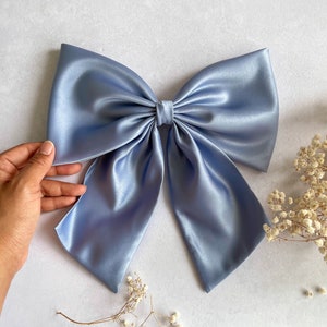 Dusty Blue Duchess Satin Large Hair Bow, Oversized Bow With Tail, Big ...