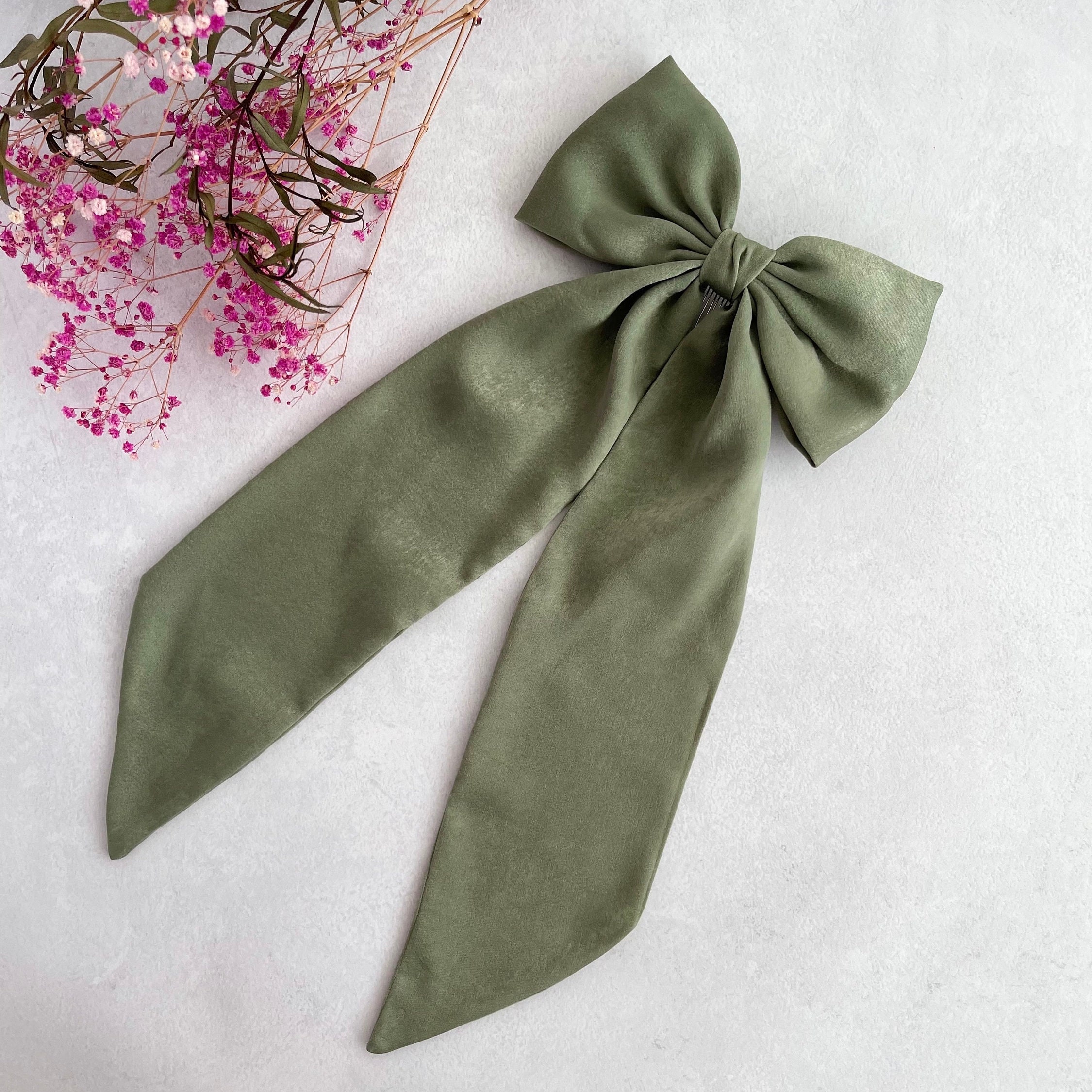 Dusty Sage Satin Hair Bow With Long Tail Sage Green Big Bow Christmas ...