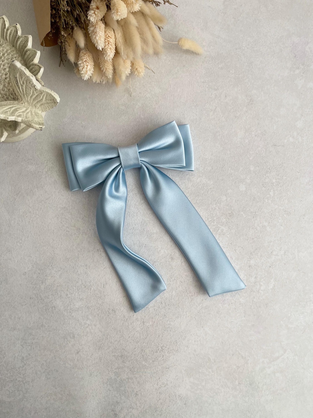 Blue Satin Hair Bow Slim Sky Blue Bow Hair Accessory for Girl Handmade ...
