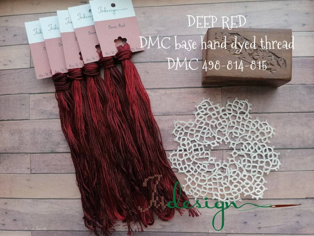 Hand painted cotton floss DEEP RED hand dyed thread for | Etsy