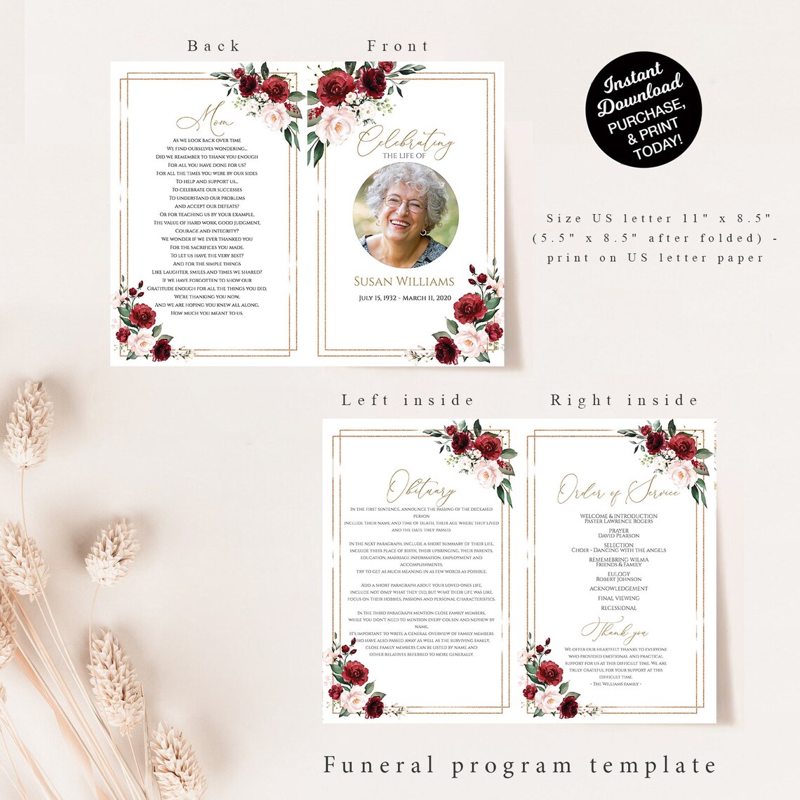 Editable Funeral Program Template, Memorial Service Template, Red and ...