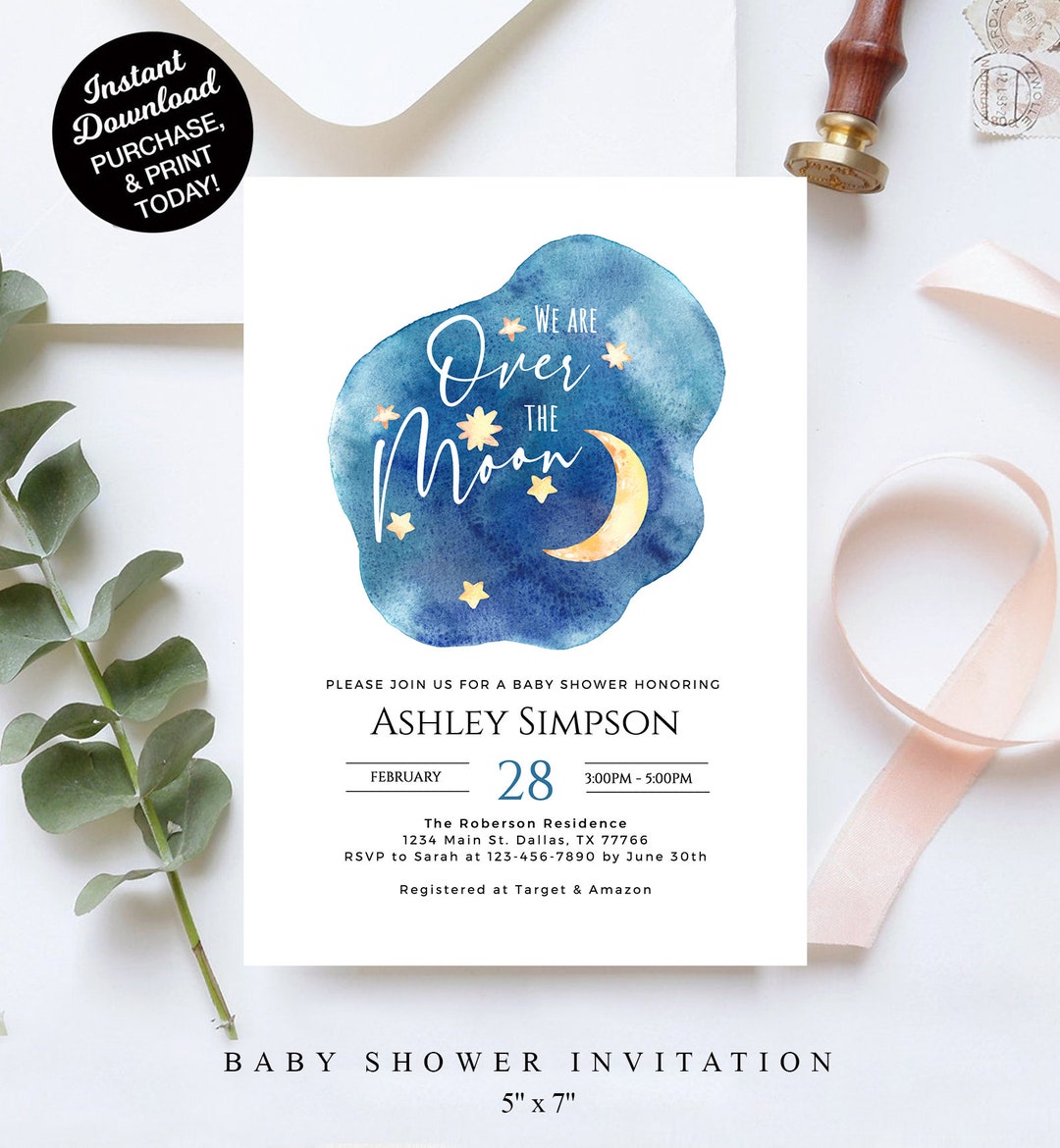 EDITABLE Moon and Star Baby Shower Invitation, Over the Moon Invites ...