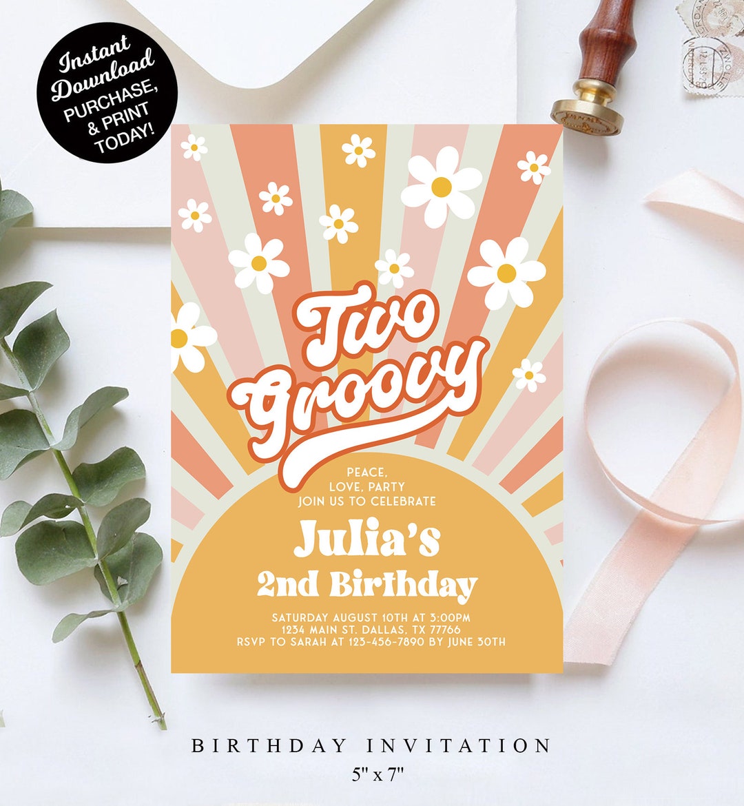 Editable Two Groovy Birthday Invitation Retro Sunshine Two Groovy 2nd ...