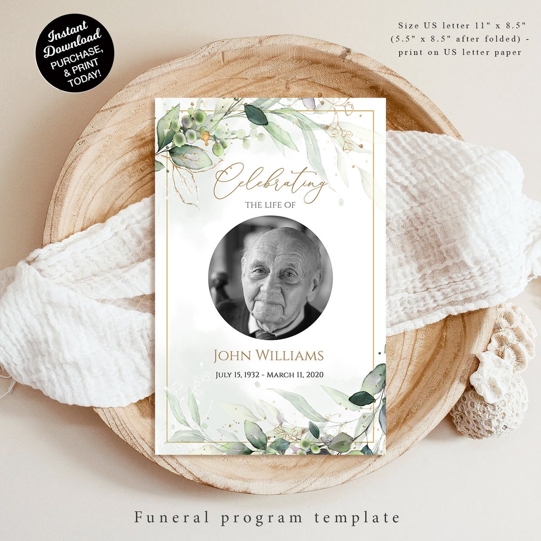 Editable Funeral Program Template, Memorial Service Template, Greenery ...