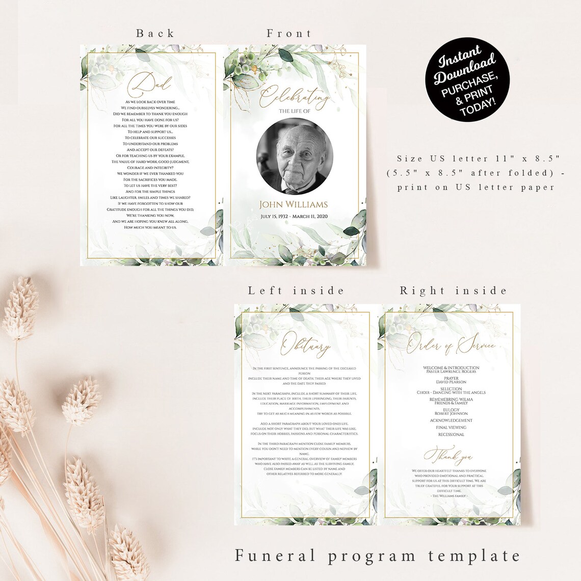 Editable Funeral Program Template, Memorial Service Template, Greenery ...
