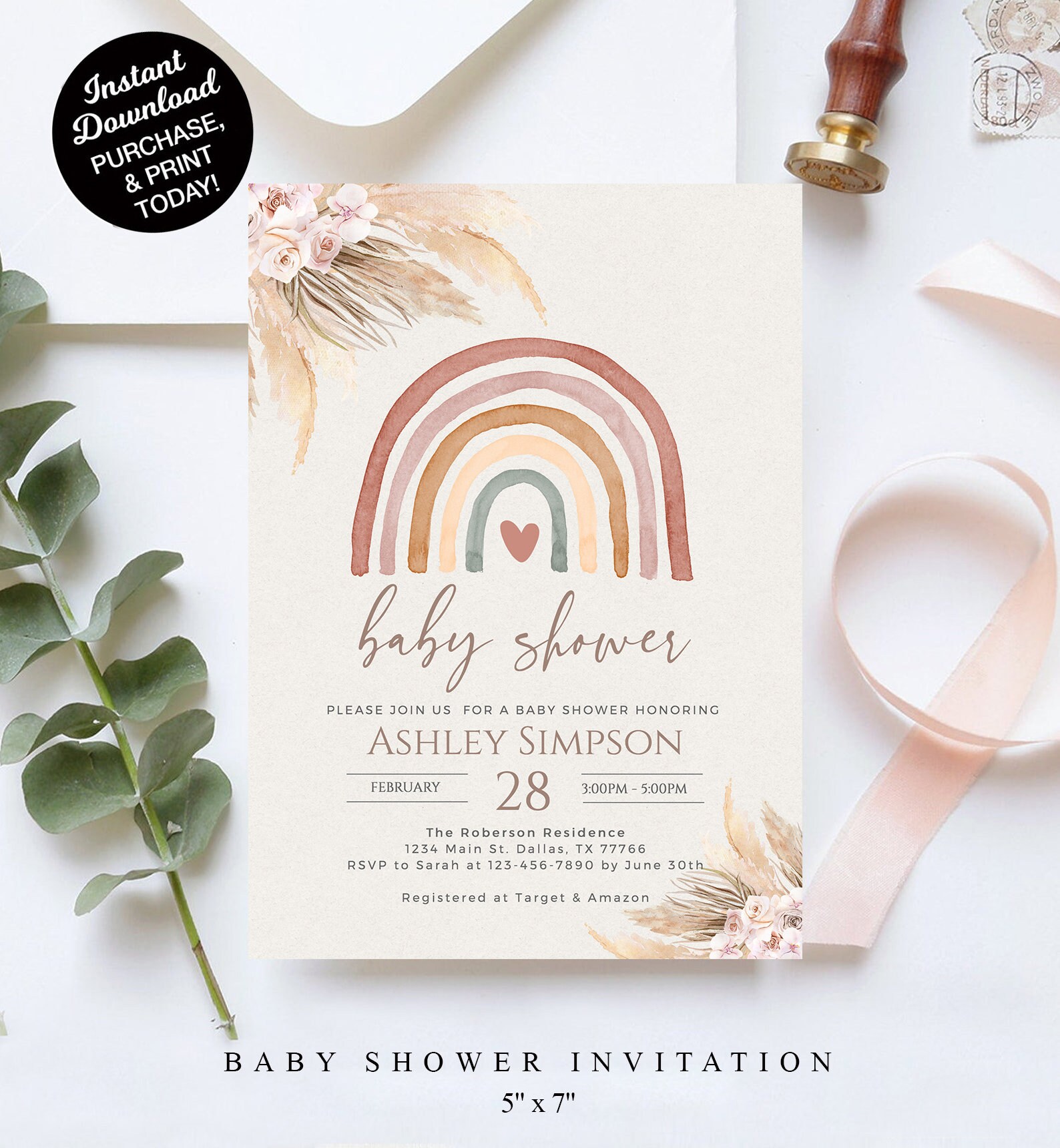 Editable Boho Rainbow Baby Shower Invitation Pink Pampas Grass Boho ...