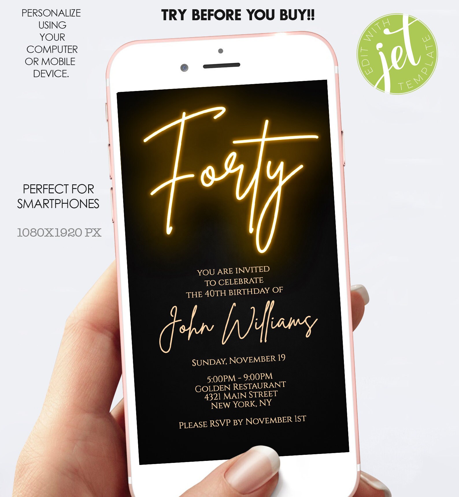 Editable Birthday Party Digital Invitation,text Invitation Black & Gold ...