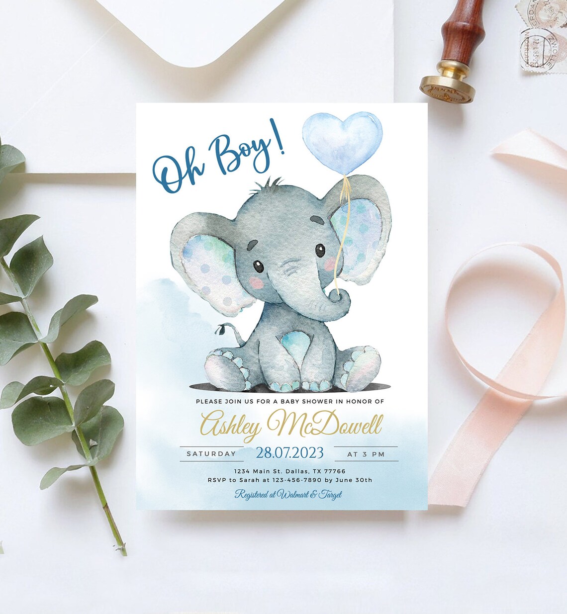 Elephant Baby Shower Invitation Boy, Editable Blue Balloon Baby Shower ...