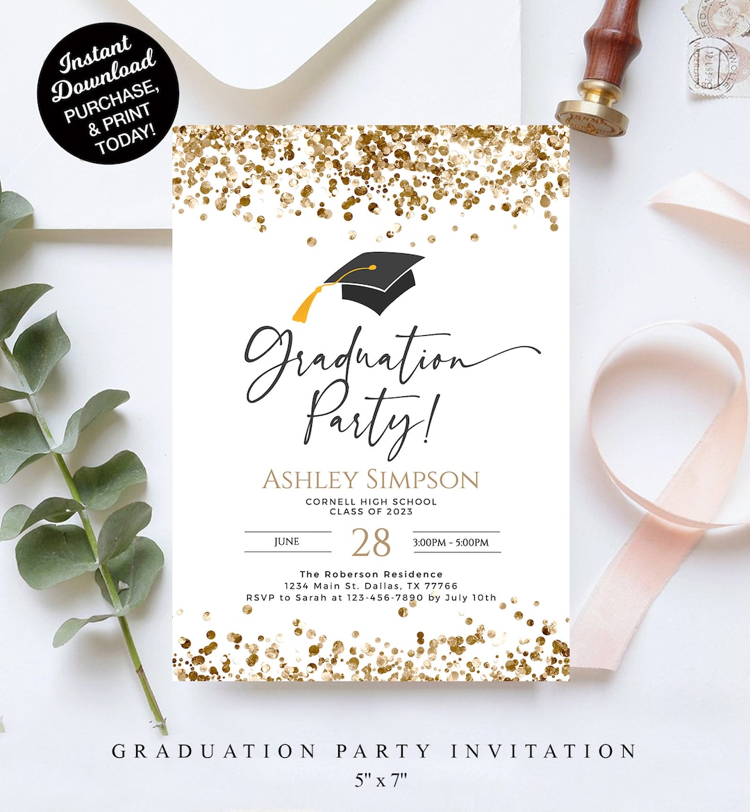 Confetti Graduation Party Invitation Template, Printable Modern ...
