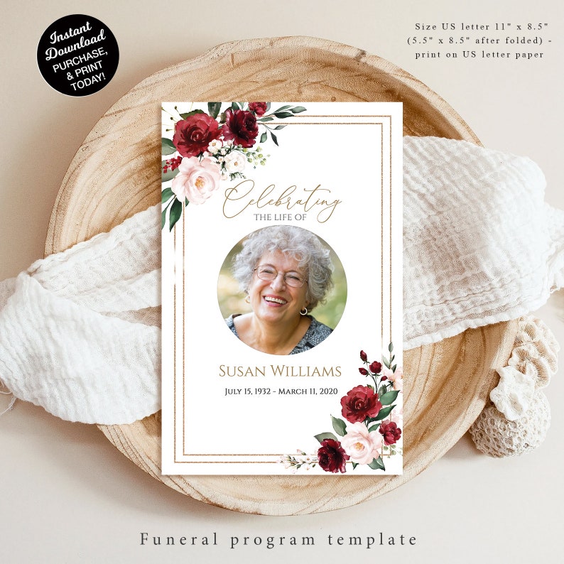 Editable Funeral Program Template, Memorial Service Template, Red and ...