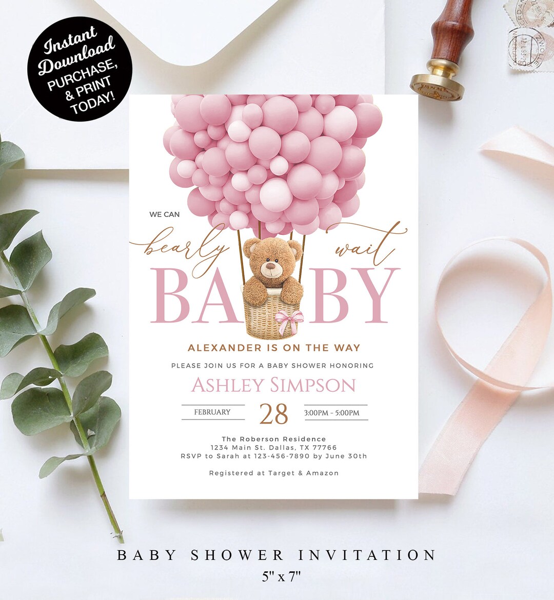 Editable Teddy Bear Hot Air Balloon Bear Theme Baby Shower Invitation ...