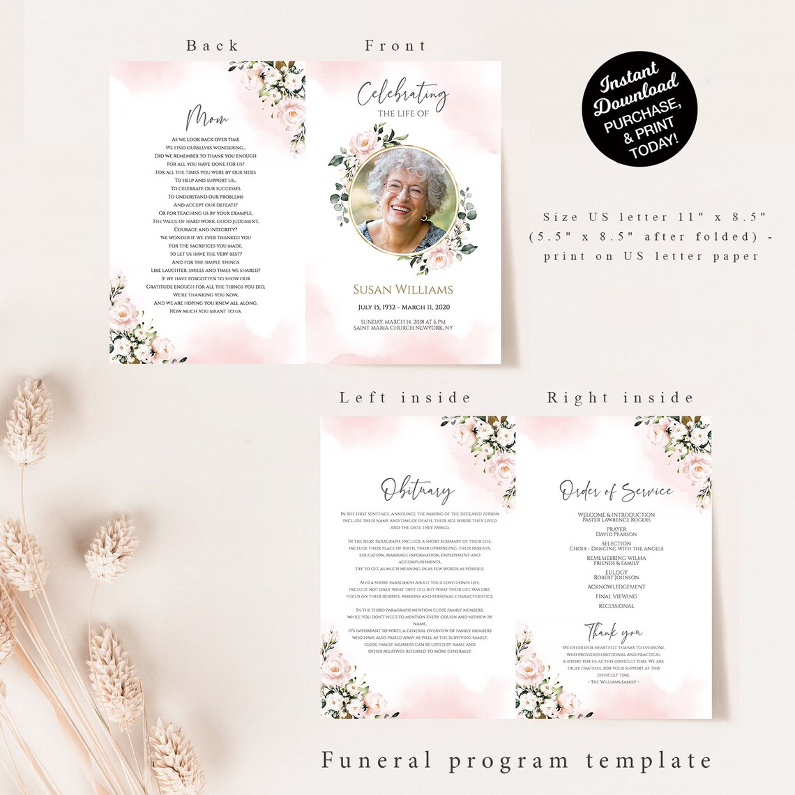 Minimalist Funeral Program Template, Simple Funeral Memorial Program ...