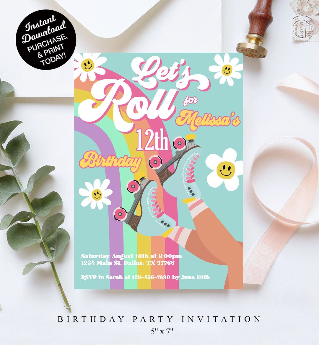 Editable ANY AGE Let's Roll Retro Groovy Roller Skate Birthday Party ...