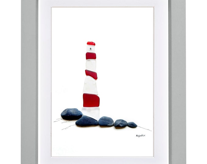 Sea Glass Lighthouse, Pebble Art & Sea Glass Picture, Blue Lighthouse ...