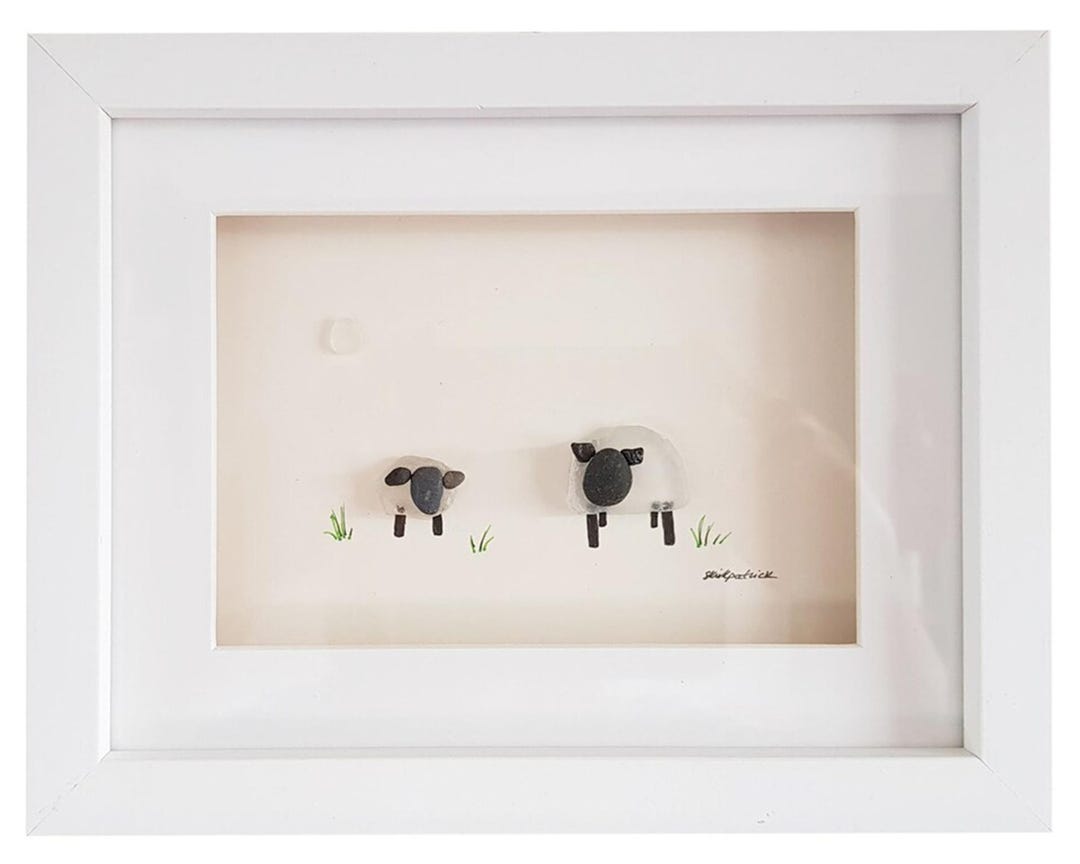 Spring Lambs Sheep - Pebble Art & Sea Glass Picture - Framed Handmade ...