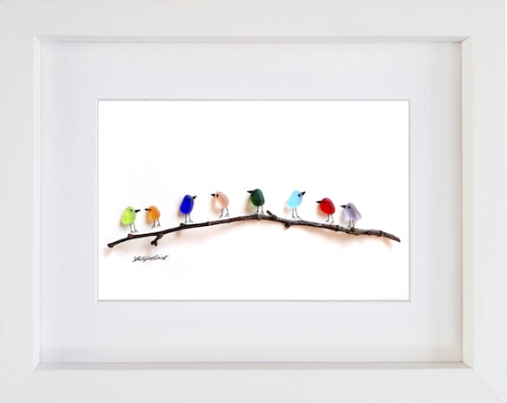 Rainbow Birds on Branch Sea Glass & Driftwood Picture - Etsy UK