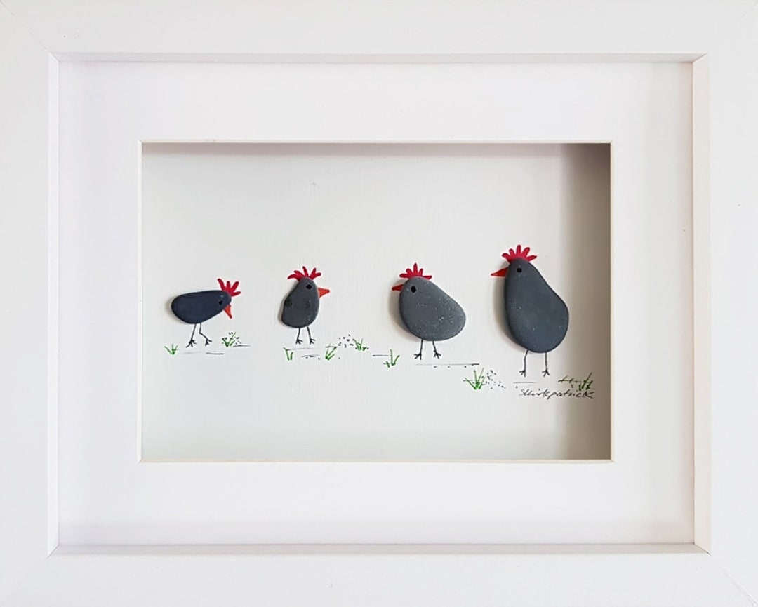 Black Hens Chickens - Pebble Art & Sea Glass Picture - Framed Unique ...
