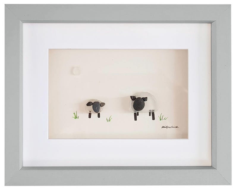 Spring Lambs Sheep - Pebble Art & Sea Glass Picture - Framed Handmade ...