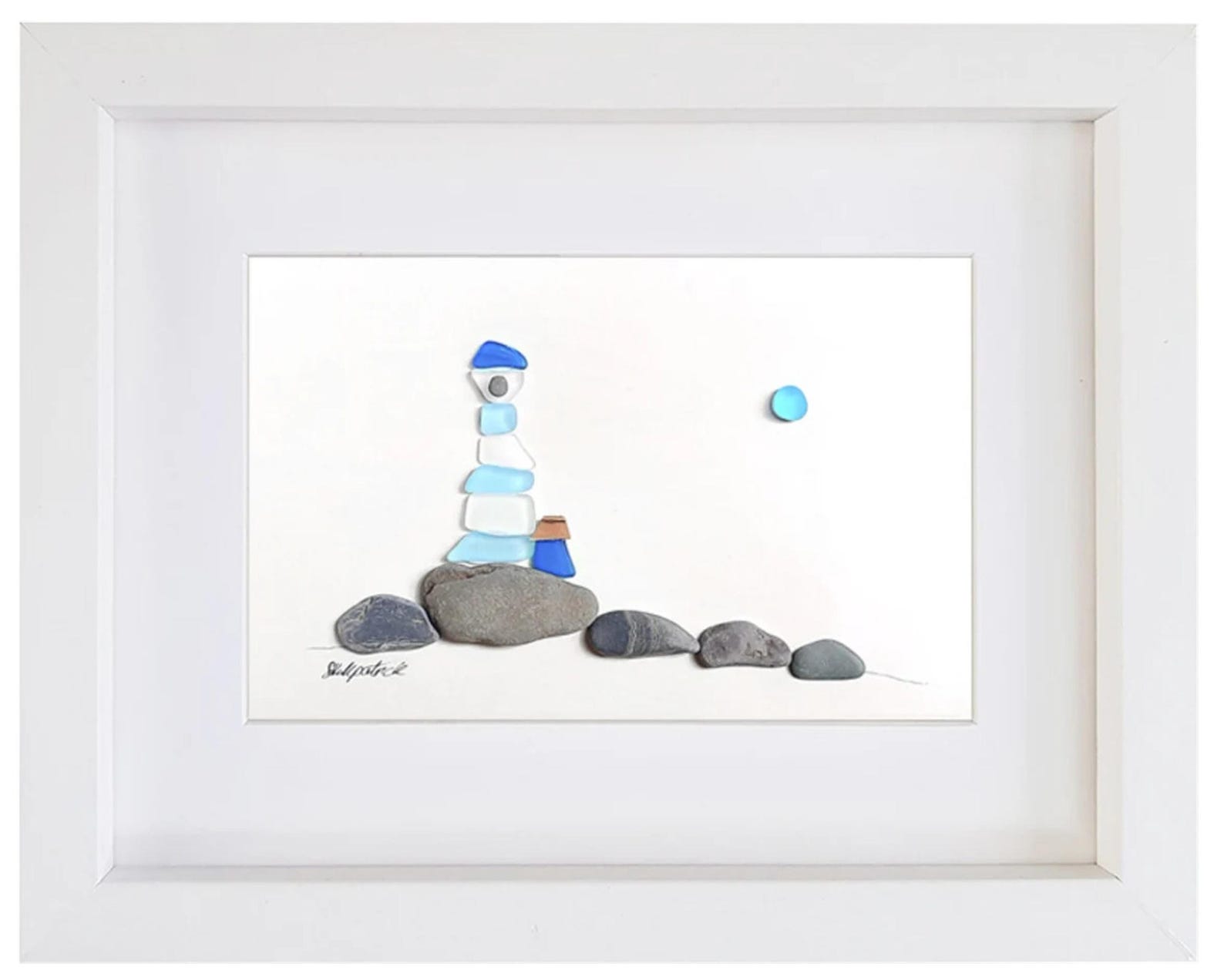 Blue Lighthouse (landscape) - Pebble Art & Sea Glass Picture - Framed ...