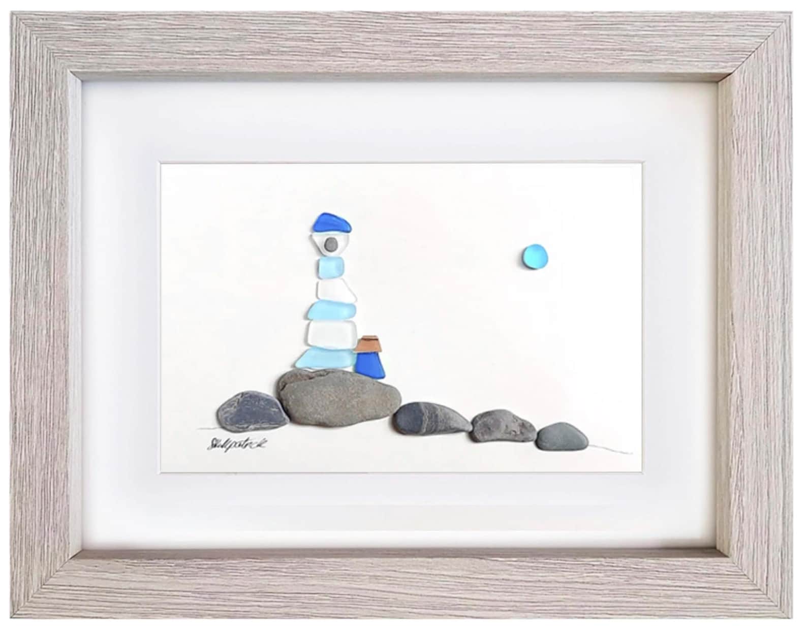 Blue Lighthouse (landscape) - Pebble Art & Sea Glass Picture - Framed ...
