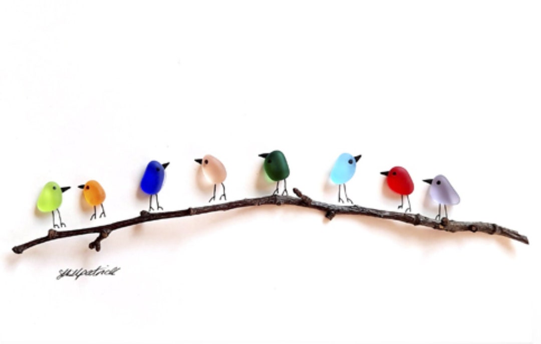 Rainbow Birds on Branch - Sea Glass & Driftwood Picture - Framed Unique ...