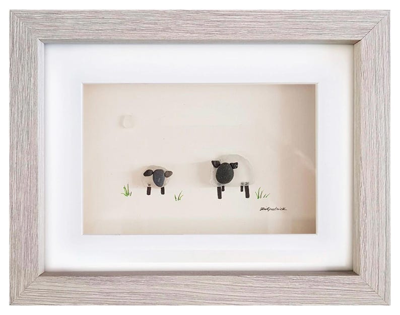Spring Lambs Sheep - Pebble Art & Sea Glass Picture - Framed Handmade ...