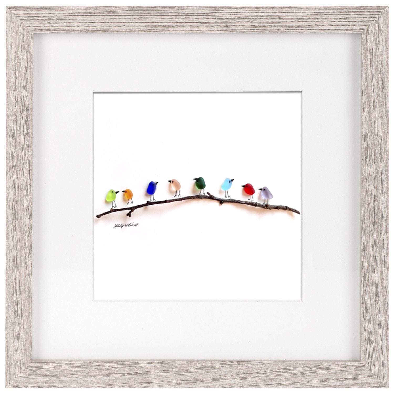 Rainbow Birds on Branch Grey Frame - Sea Glass Picture - Framed ...