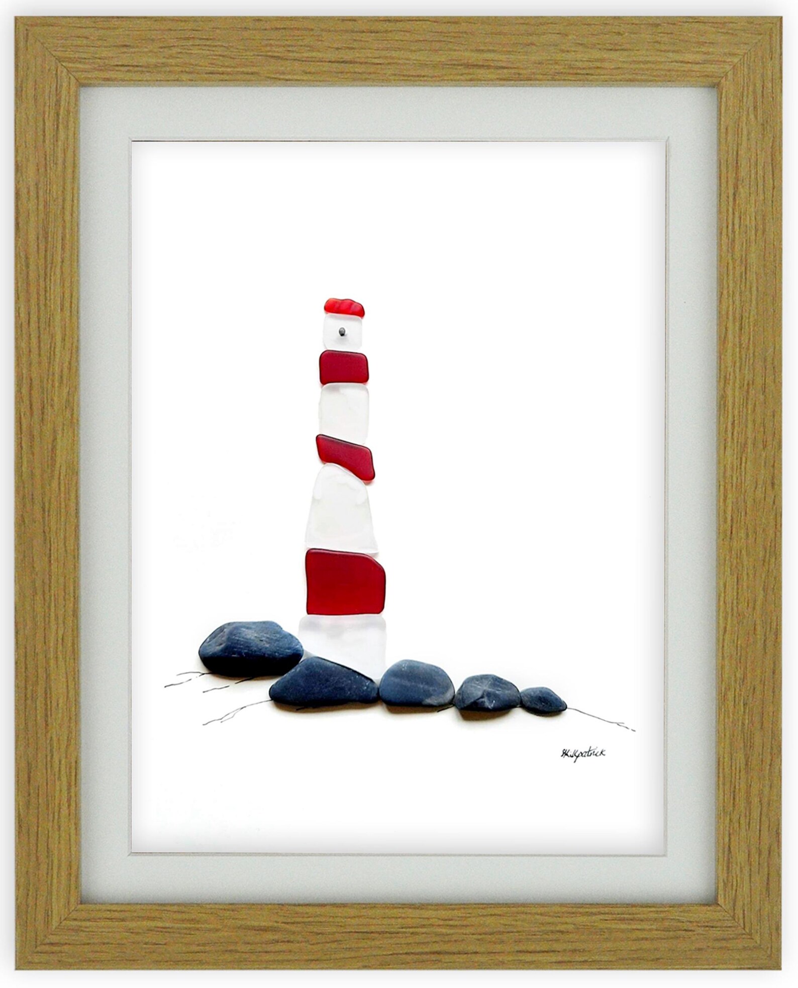 Pebble Art Sea Glass Picture - Framed Handmade *red & White Lighthouse ...