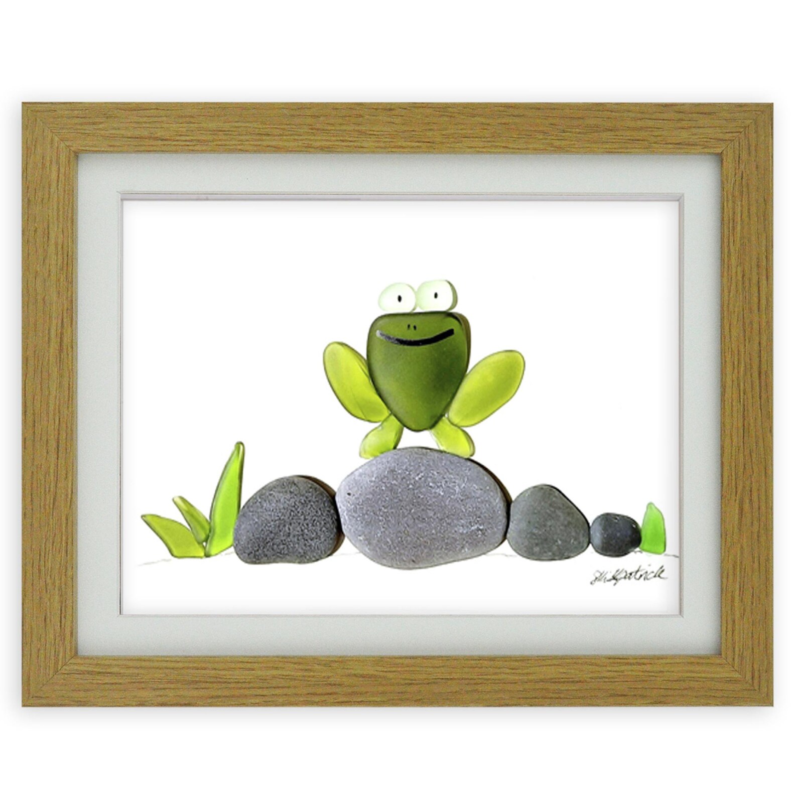 Happy Frog - Pebble Art & Sea Glass Picture - Framed Handmade Wall ...